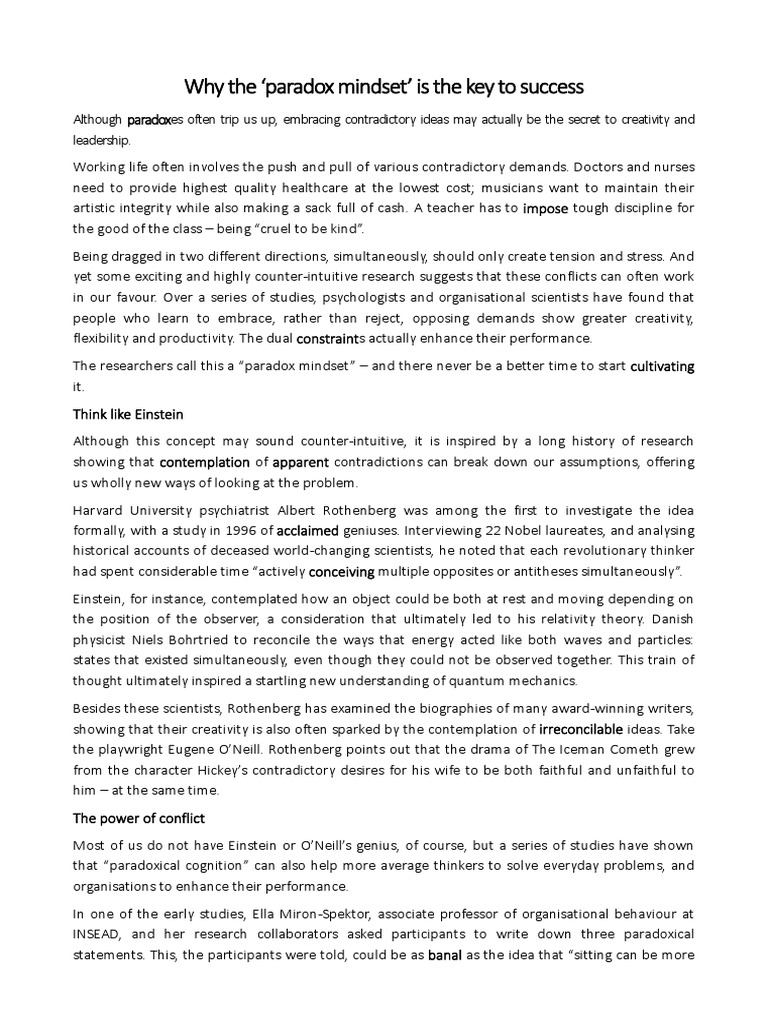 Paradox Mindset Reading Comprehension ESL C1 | PDF | Creativity | Thought