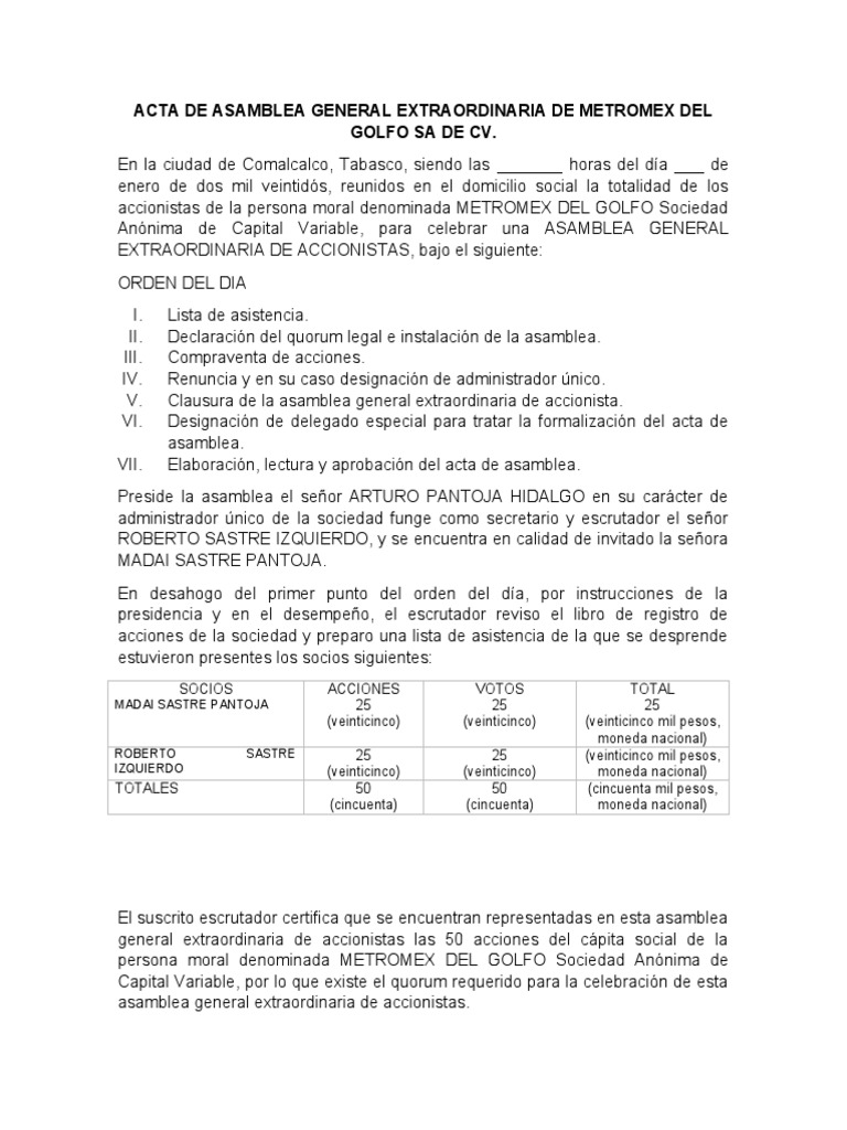 Acta de Asamblea General Extraordinaria de Metromex Del Golfo Sa de CV | PDF | Compartir (Finanzas)