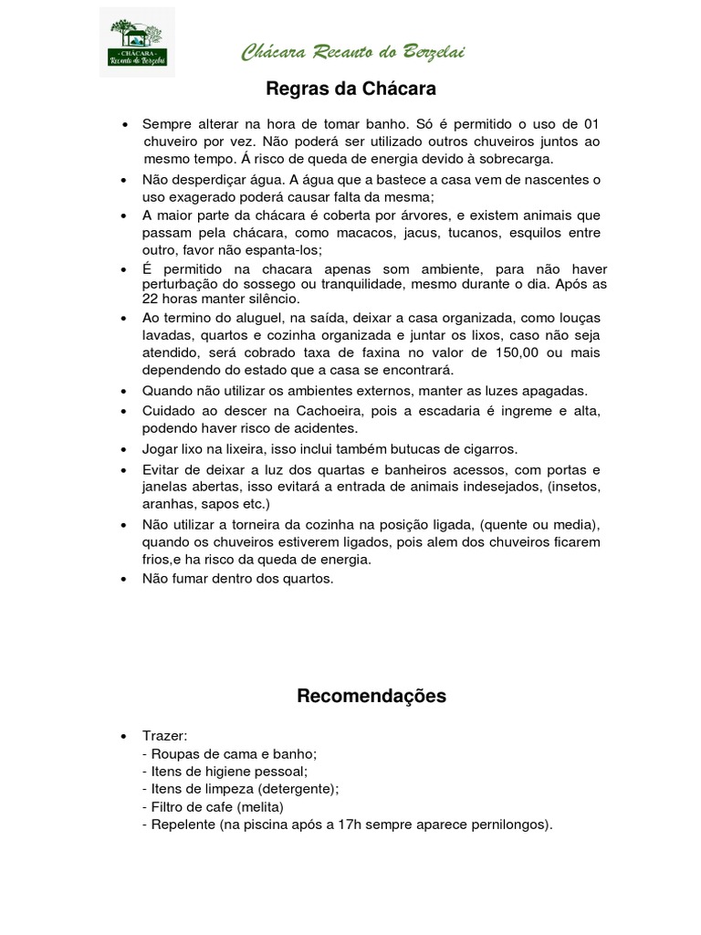 Regras Da Chácara | PDF | Cozinha