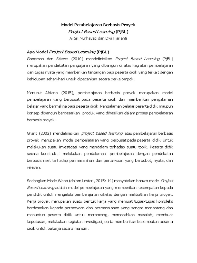 Model Pembelajaran Berbasis Proyek Project Based Learning (PJBL) | PDF