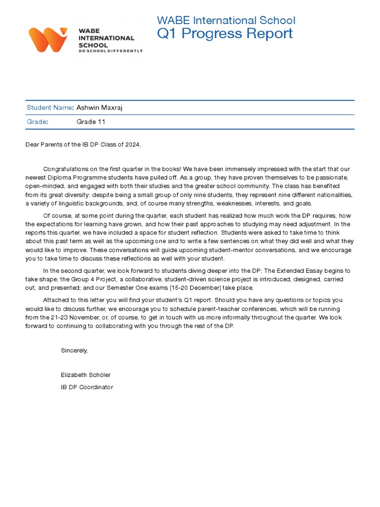 Q1 Progress Report Grade 11 Maxraj Ashwin 2022-11-17 | PDF | Understanding | Thought