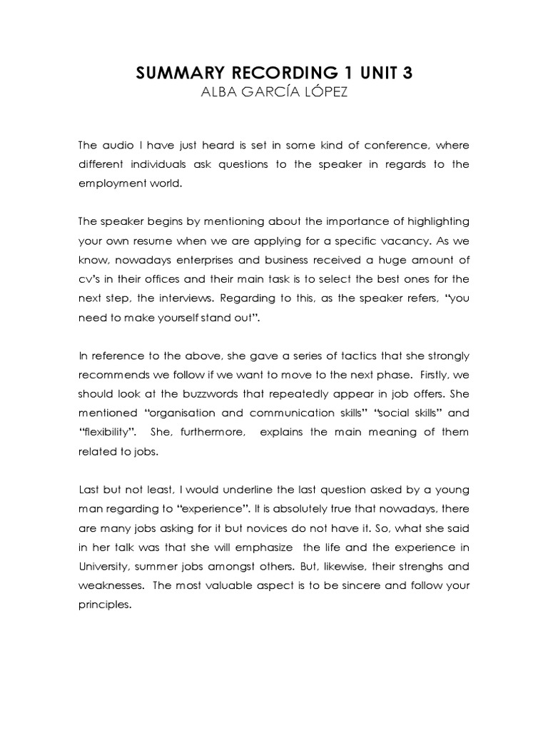 Summary Recording 1 Unit 3 | PDF