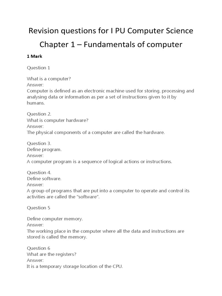 Mid Term Revision Questions For I PU Computer Science (1) 20211115201048 | PDF | Random Access ...