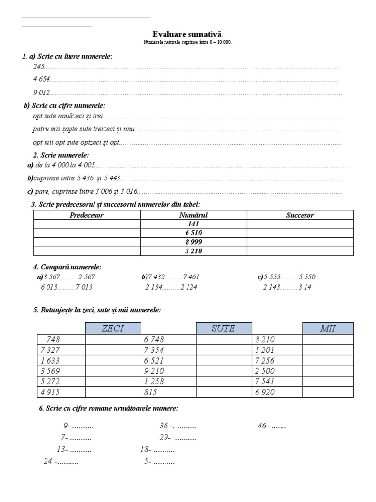 Evaluare, Unitatea II, MATEMATICĂ. Nr. 0-10 000. Scriere, Formare ...