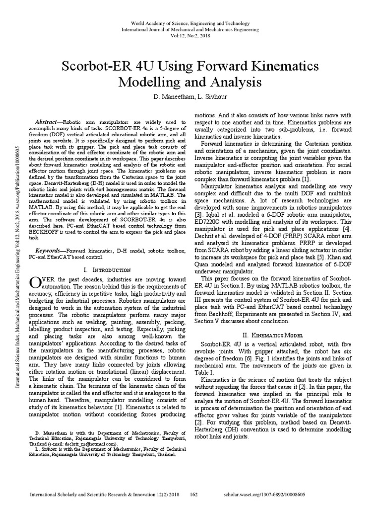Scorbot-ER 4U Using Forward Kinematics Modelling and Analysis | PDF