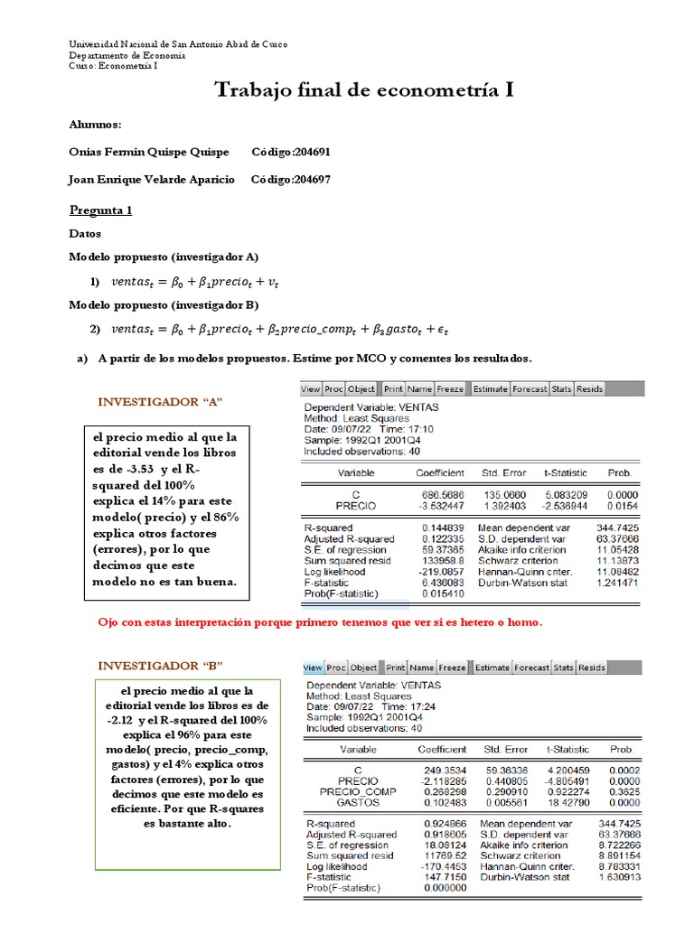 Trabajo Final Econometría | PDF | Econometría | Análisis de regresión