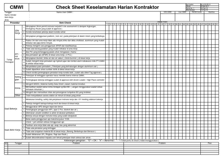 Check Sheet Keselamatan Harian Kontraktor | PDF