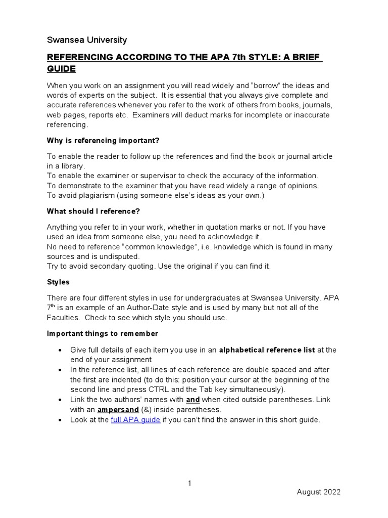 APA 7th Ed. Referencing Guide Brief Aug 2022a | PDF | Apa Style ...