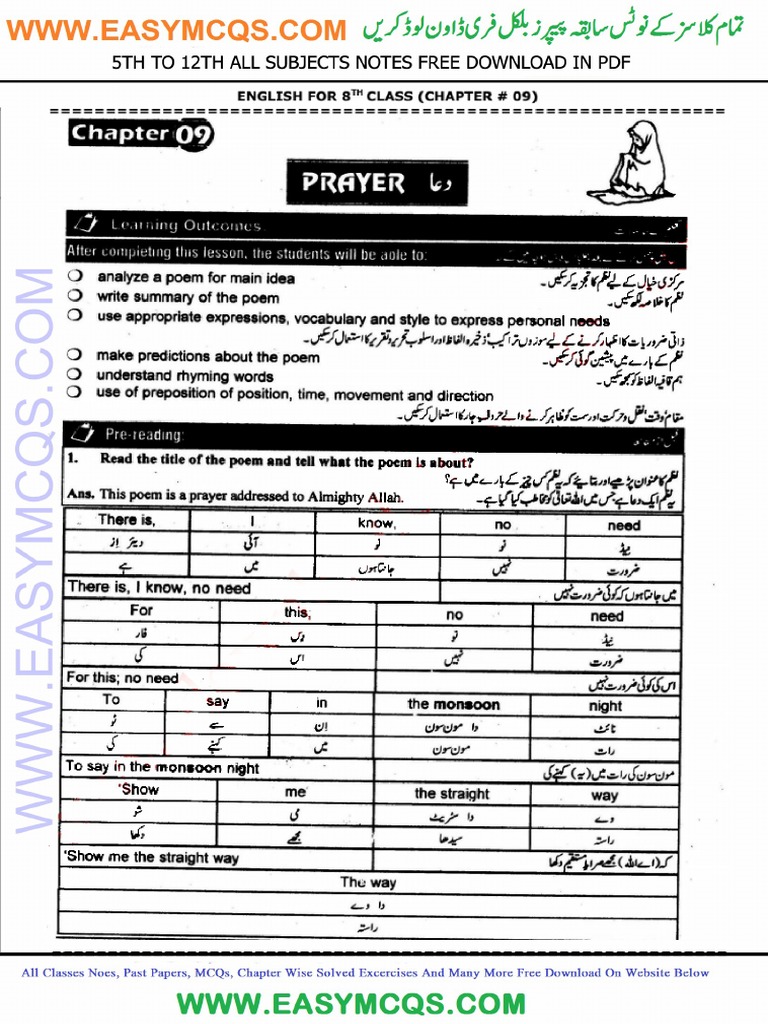 8th English Punjab Board Notes Chapter 09 | PDF