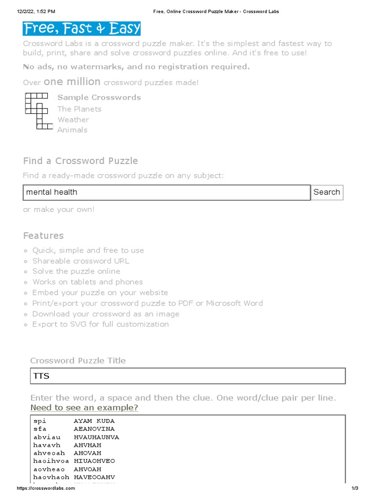 Free Online Crossword Puzzle Maker | PDF | Crossword | Software