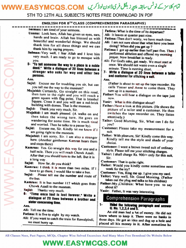 8Th English Grammar Paragraphs Notes Punjab Board | PDF