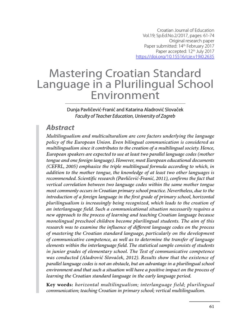 Mastering Croatian Standard Language in A Plurilingual School ...