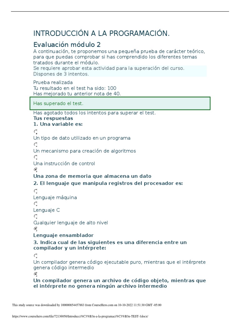 Introducci N A La Programaci N TEST 1 | PDF | Compilador | Lenguaje de ...