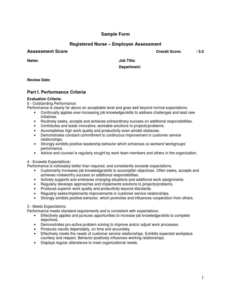 Sample Form Registered Nurse - Employee Assessment Assessment Score ...