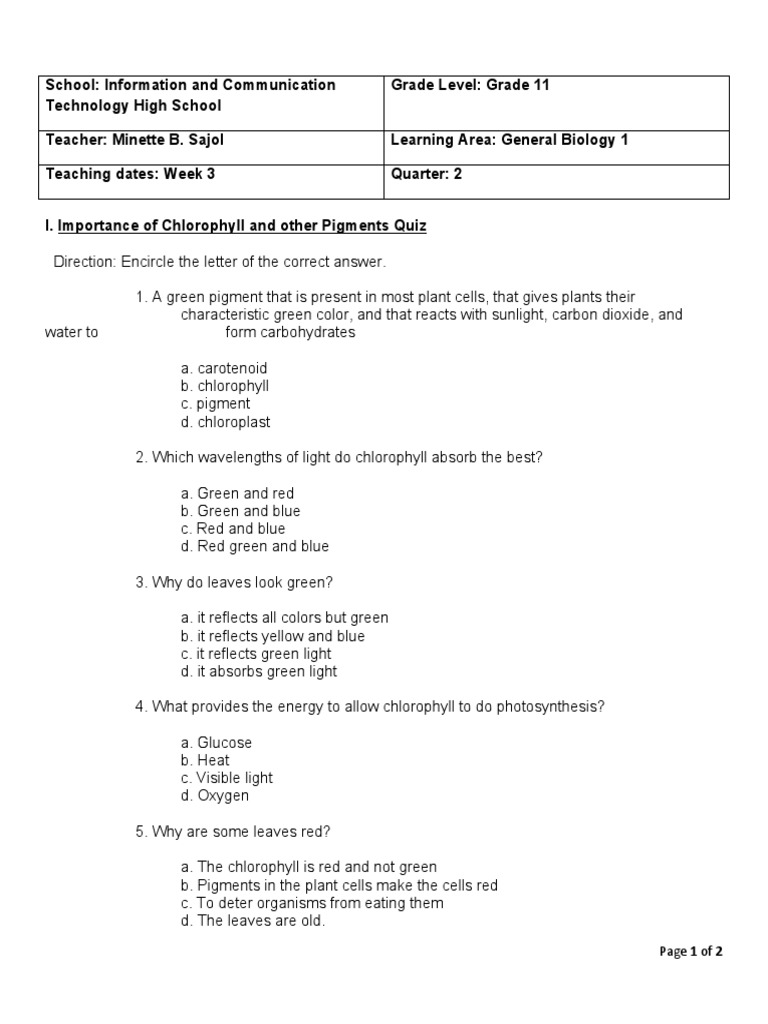 Photosynthesis Quiz | PDF