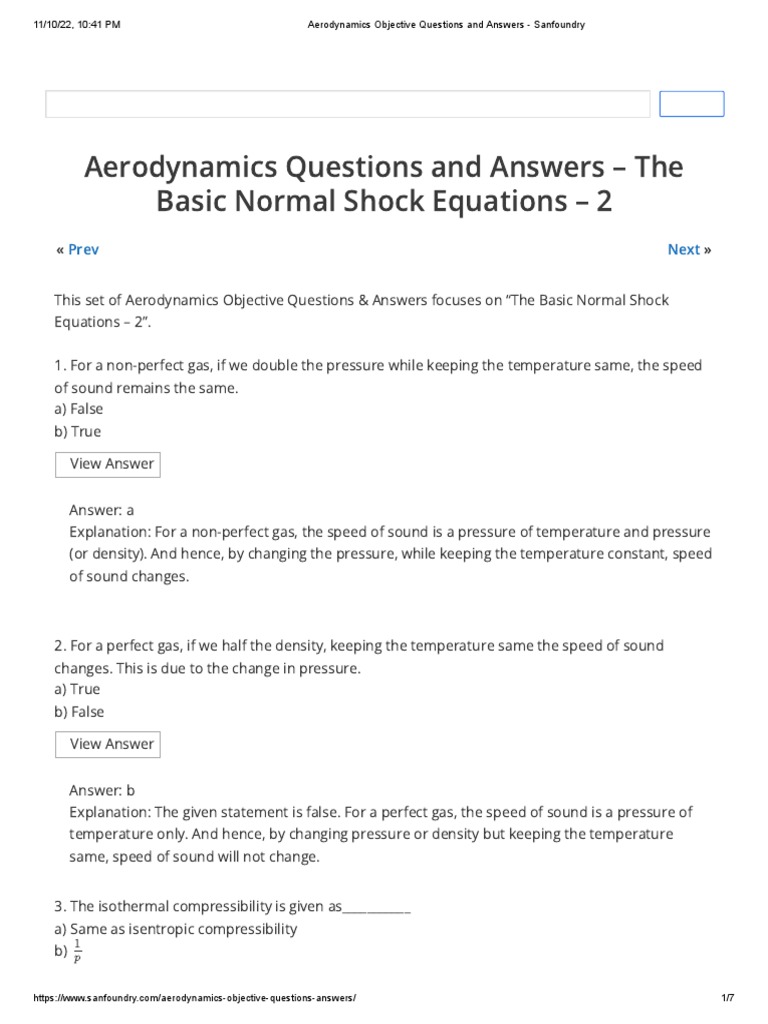 Aerodynamics Questions and Answers - The Basic Normal Shock Equations - 2 | PDF | Mach Number ...