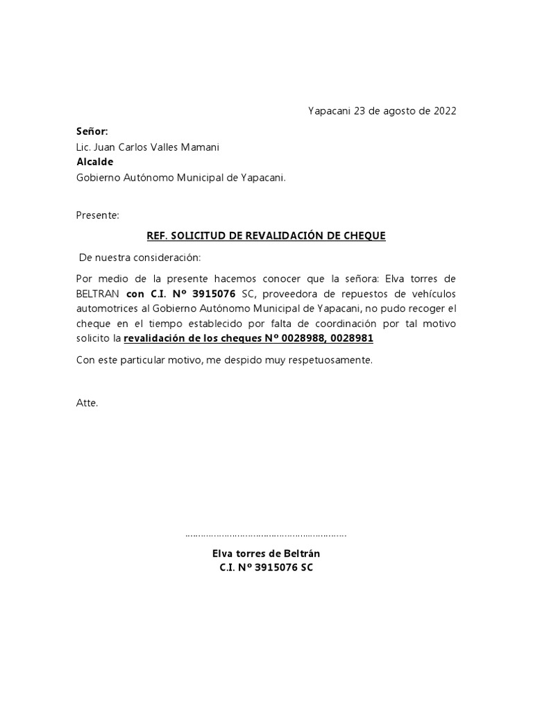 Solicitud de Revalidacion de Cheque (1) | PDF