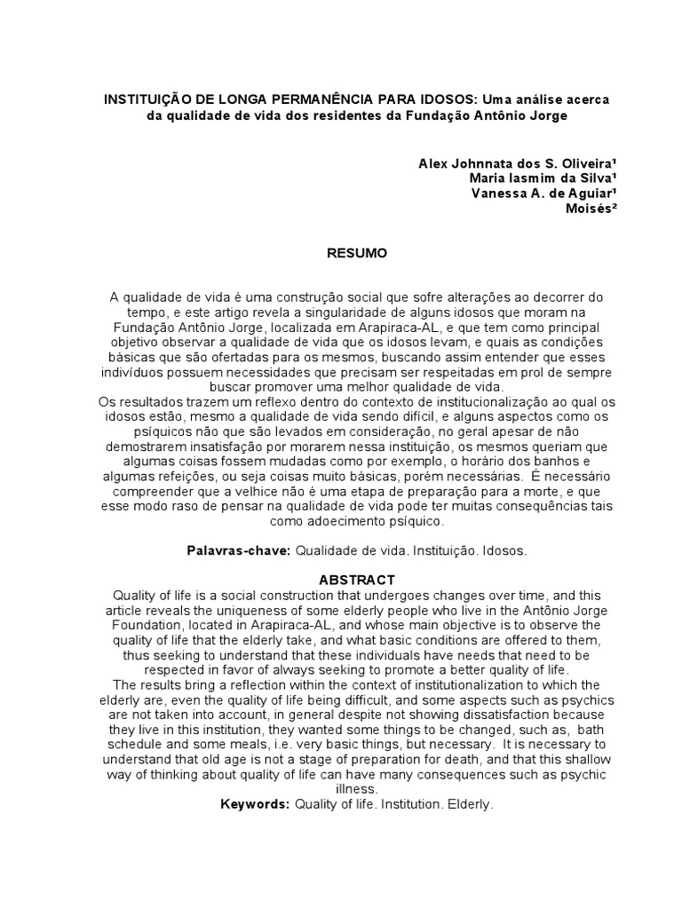 Artigo Sobre A Qualidade de Vida Na ILPI - Av3 | PDF | Terceira idade | Vida