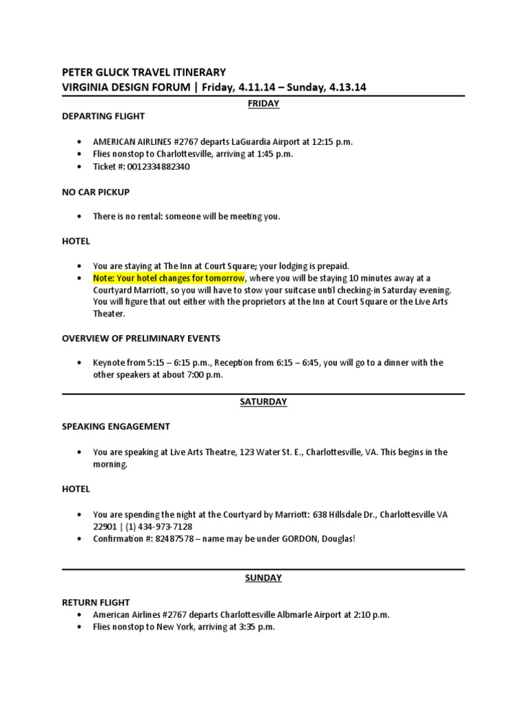 Peter Gluck Travel Itinerary | PDF