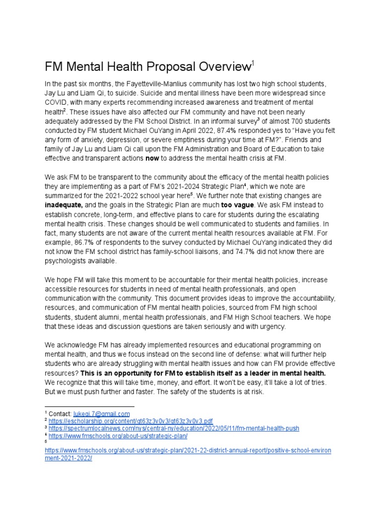 Official FM Mental Health Proposal | PDF | School Counselor | Mental ...