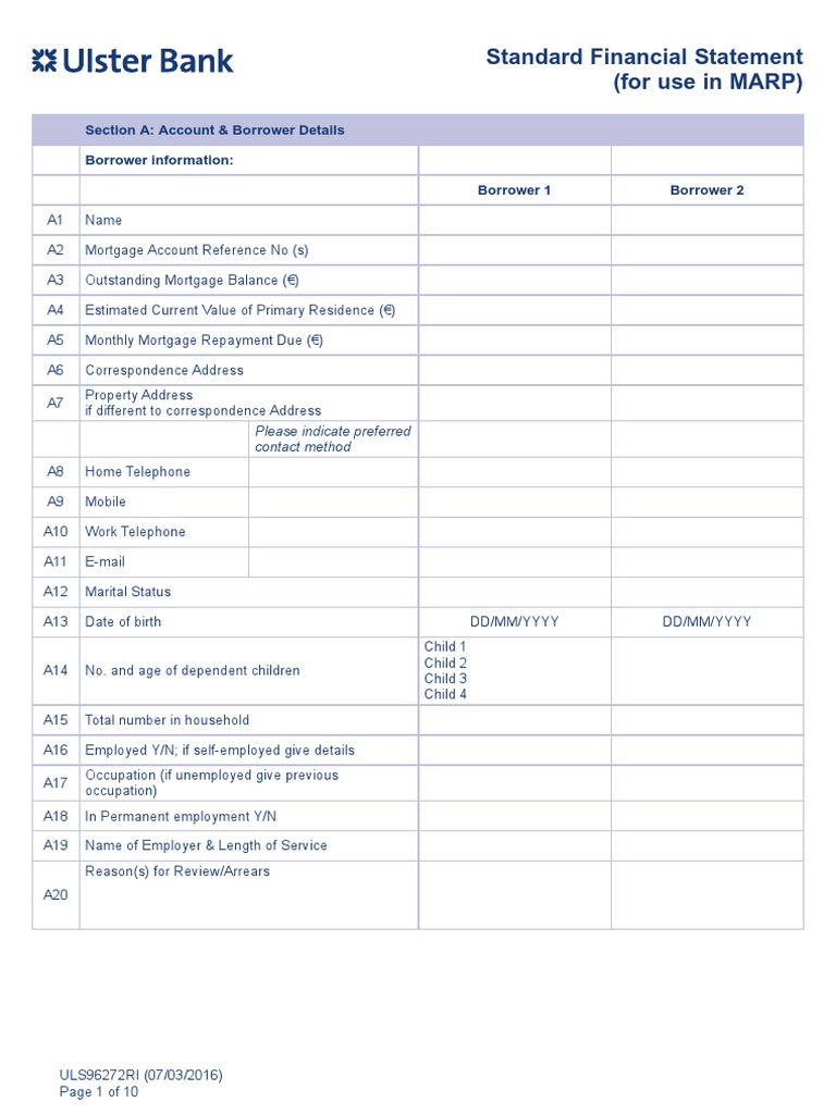 Standard Financial Statement for MARP | PDF | Loans | Mortgage Loan