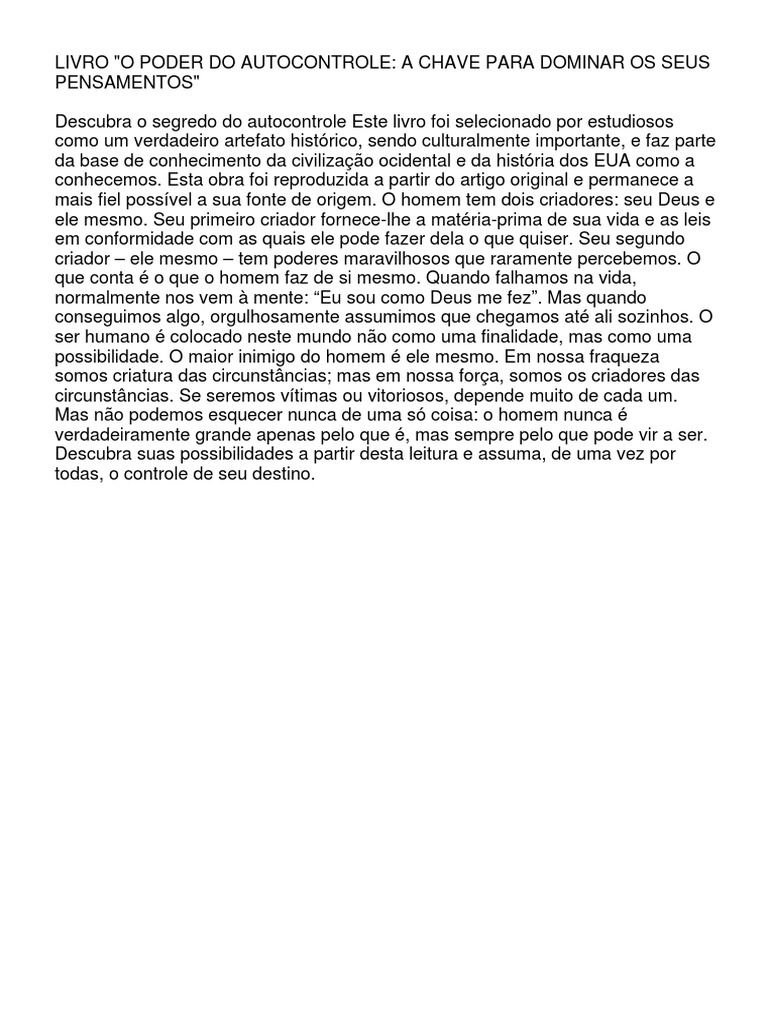 Livro - O Poder Do Autocontrole - A Chave para Dominar Os Seus ...