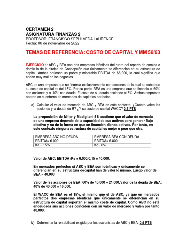 PAUTA CERTAMEN 2 Finanzas 2 2022 | PDF | Compartir (Finanzas) | Deuda