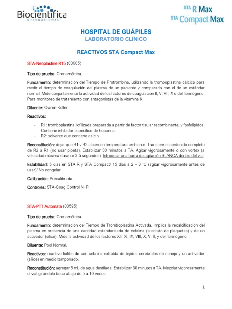 Reactivos y Pruebas STA en Laboratorio Clínico | PDF | Coagulación | Tejido (biología)