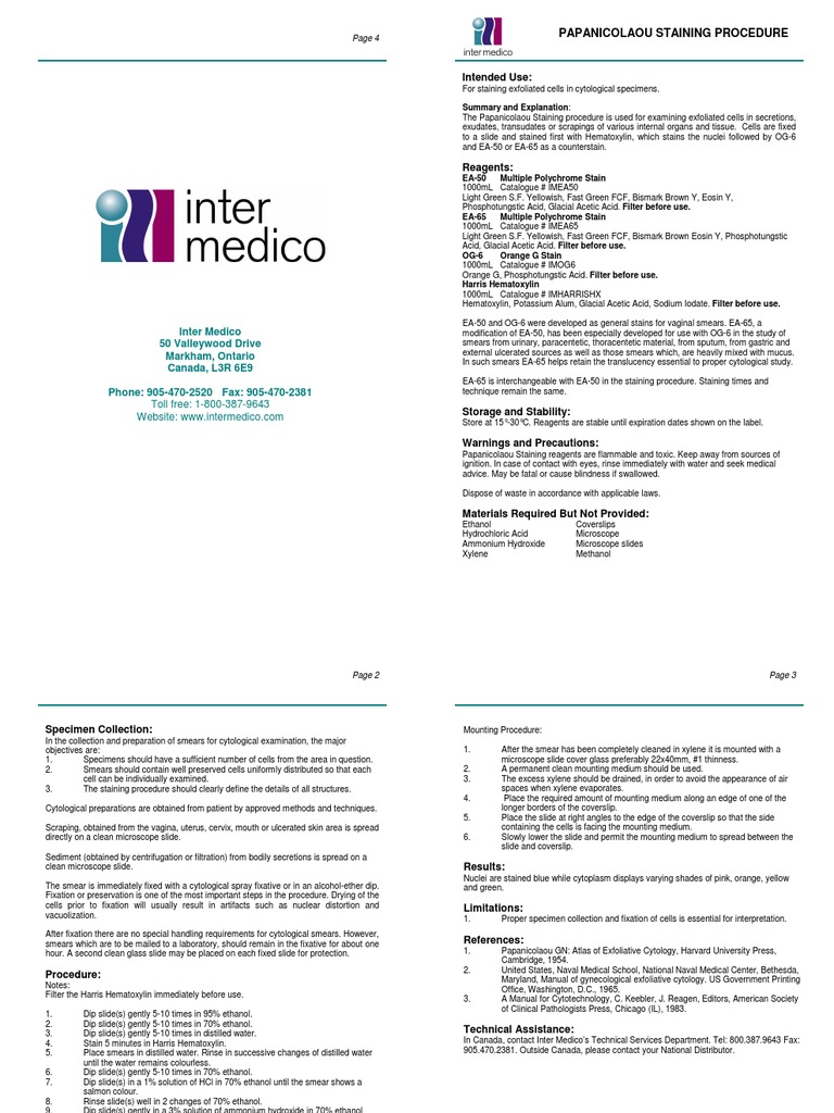 A Detailed Procedure for Performing the Papanicolaou Staining Technique ...