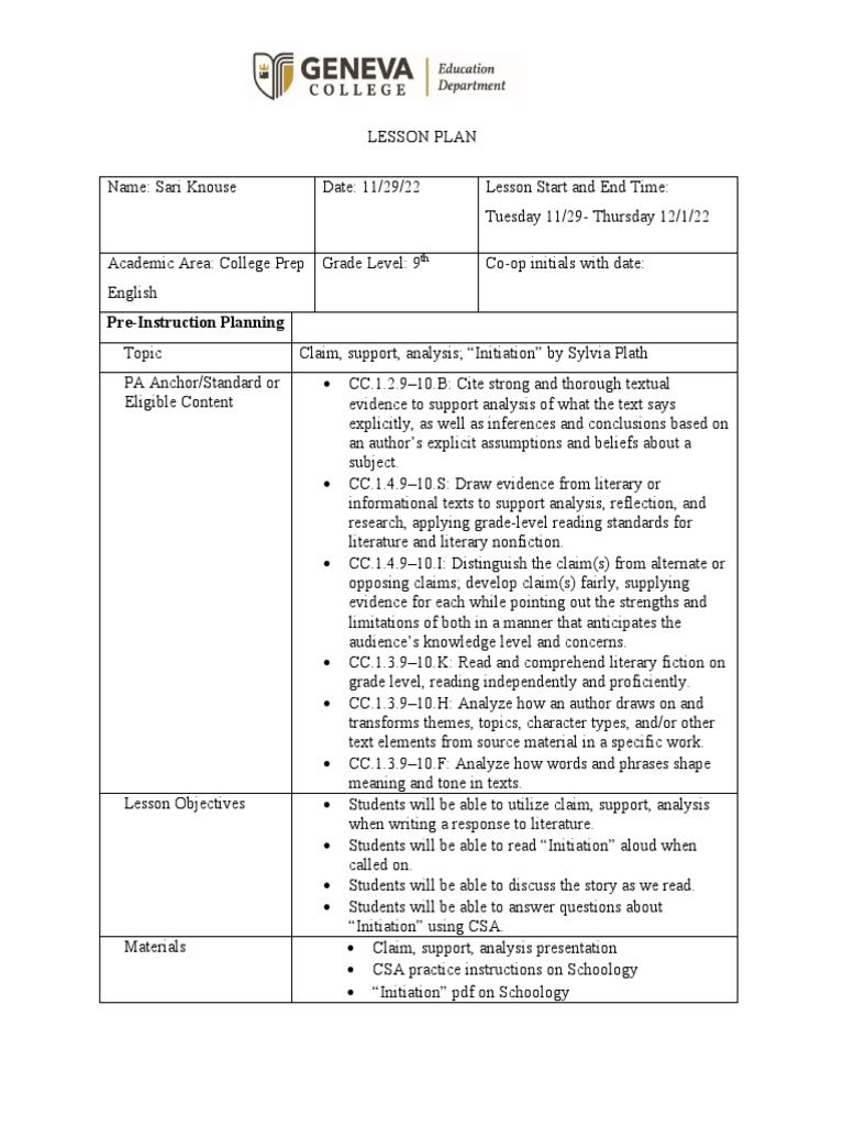 Csa Initiation Full Lesson Plan | Download Free PDF | Lesson Plan ...