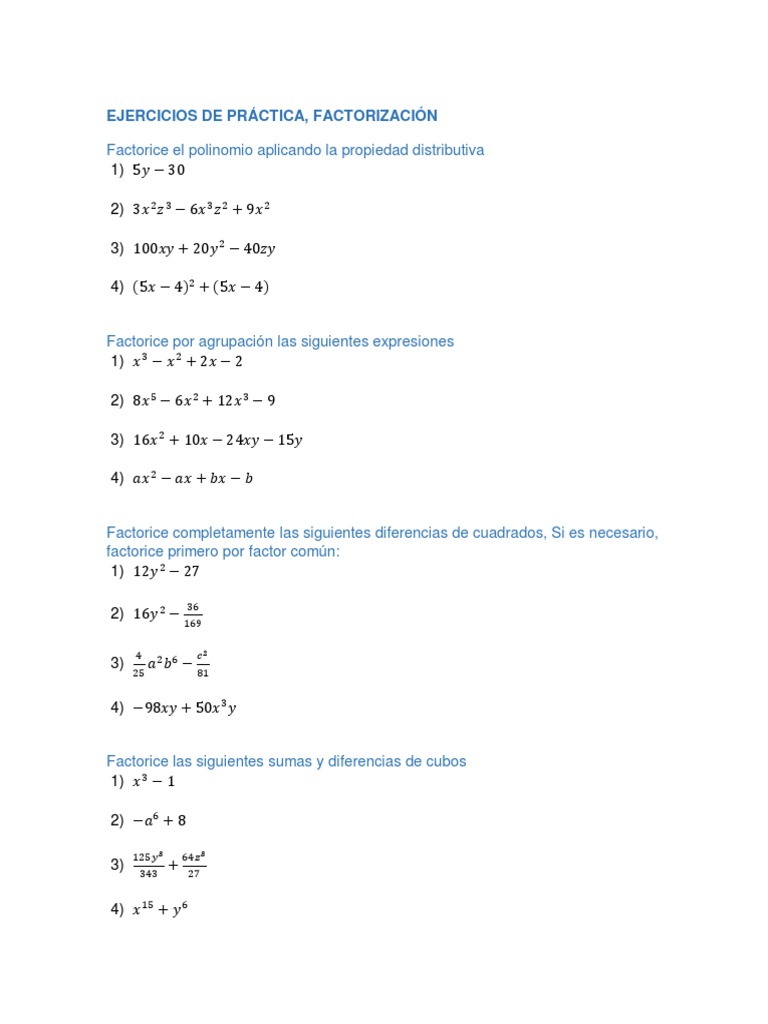 Ejercicios de Práctica, Factorización | PDF