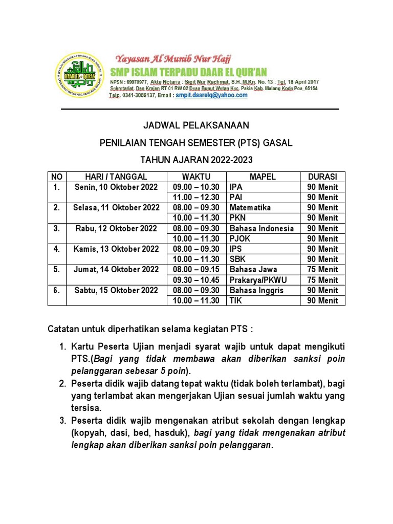 Jadwal PTS Gasal 2022-2023 Sekolah | PDF