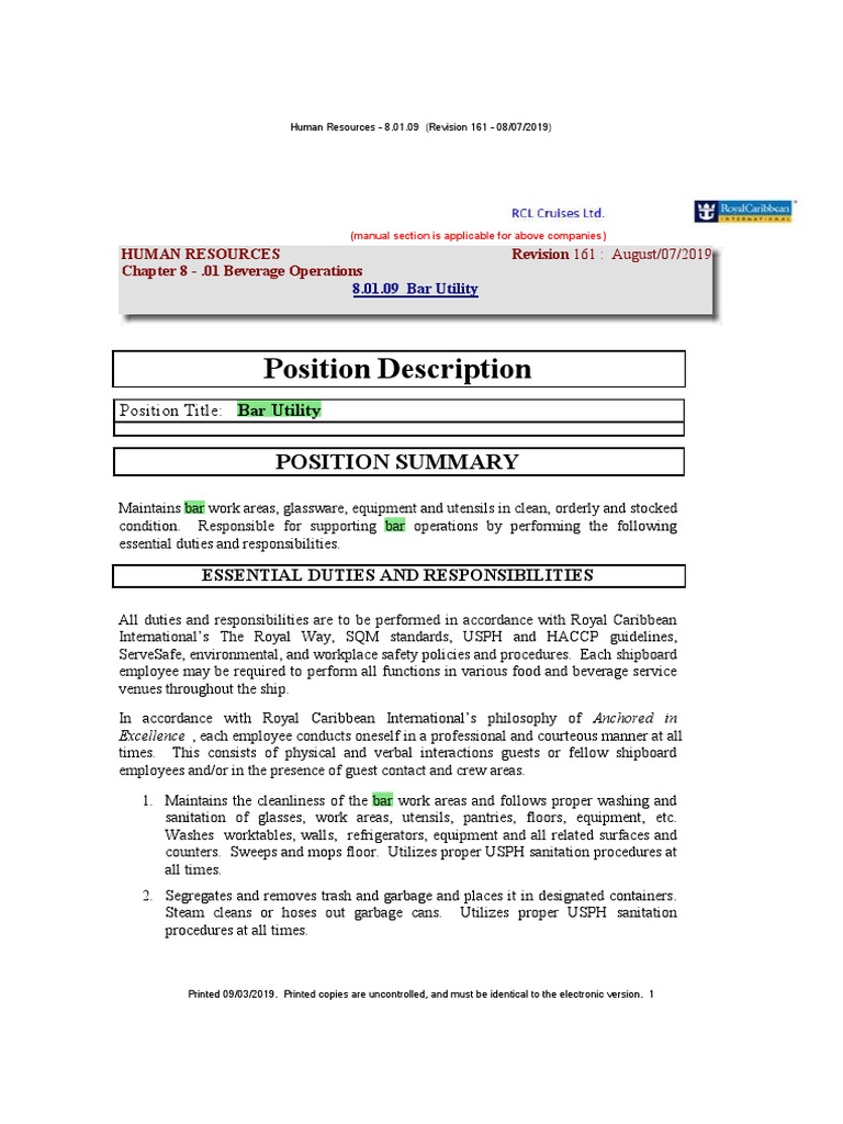 Job Description - Bar Utility 02 | Download Free PDF | Visual ...