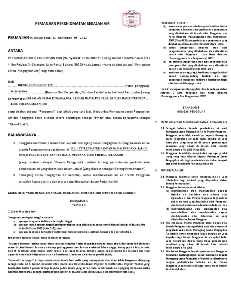 Perjanjian Perkhidmatan Bekalan Air | PDF