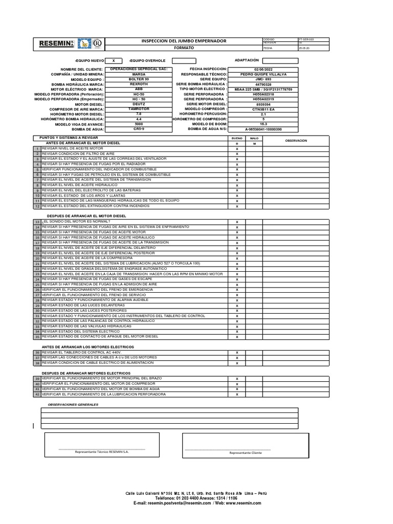 Inspeccion. Bolter 99 JMC-893 | PDF | Vehículos | Máquinas