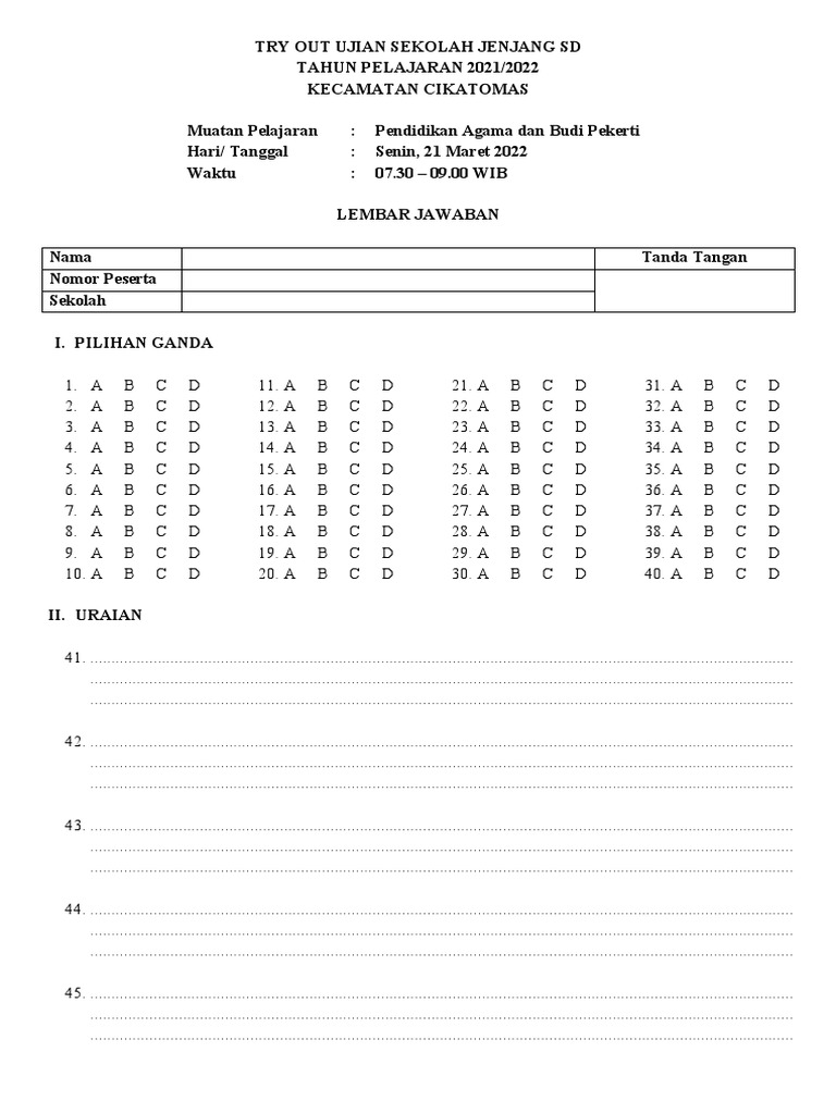 Lembar Jawaban Try Out Ujian Sekolah Jenjang SD 2022 | PDF