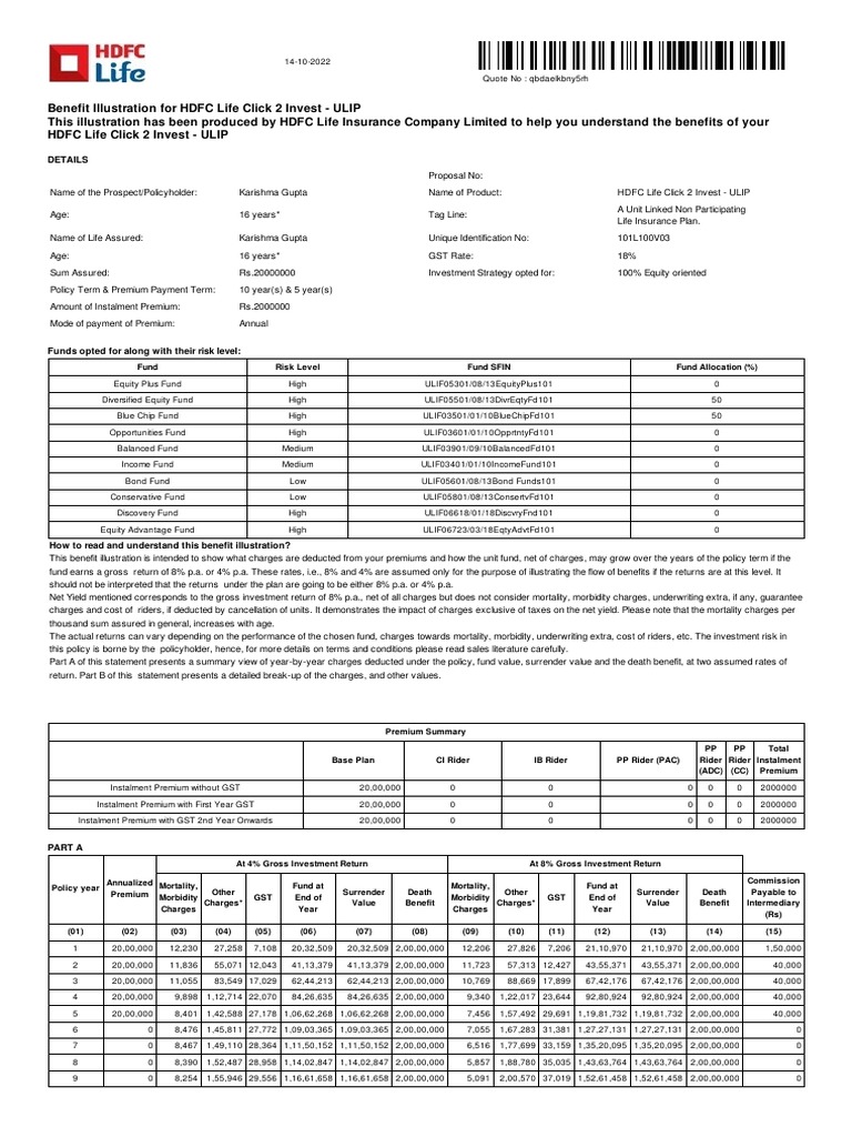 HDFC Life Click 2 Invest - ULIP benefit illustration | PDF | Insurance ...