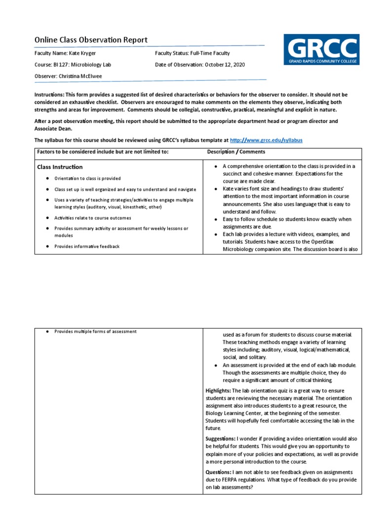 Kate Kryger Observation Online f20 | PDF | Learning | Teaching Method