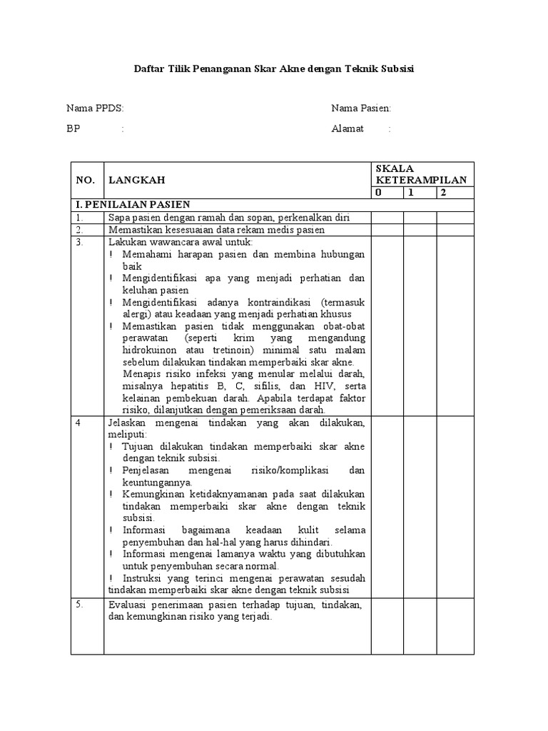 Daftar Tilik Penanganan Skar Akne Dengan Teknik Subsisi | PDF