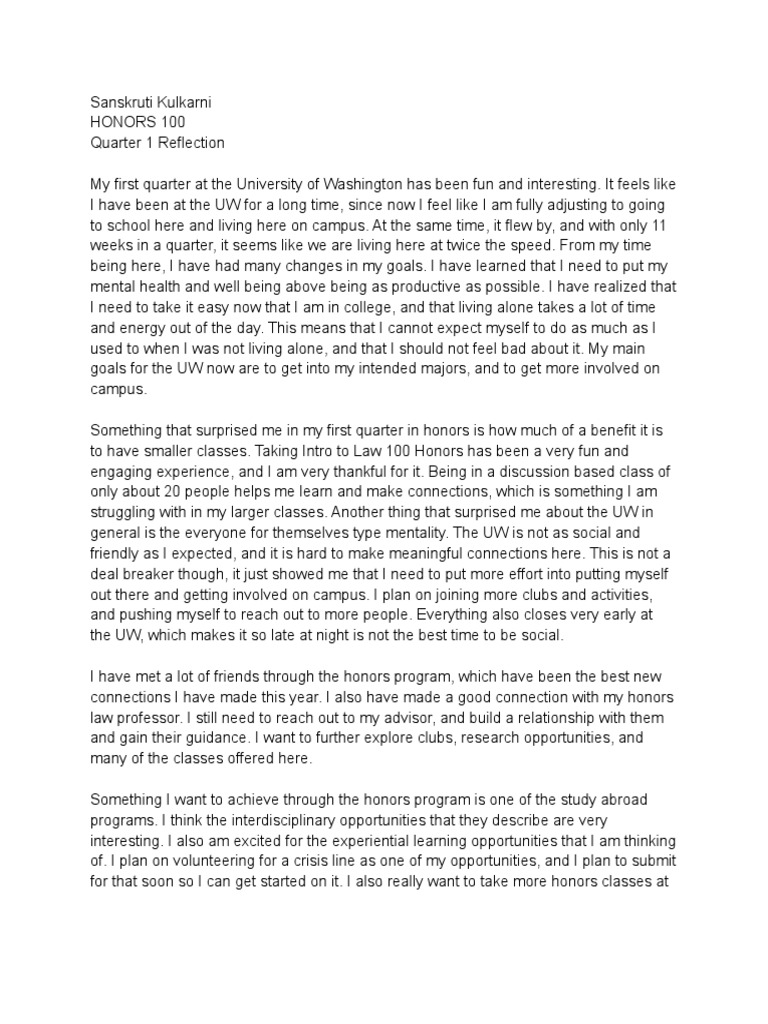 Honors Quarter 1 Reflection | PDF | Wellness