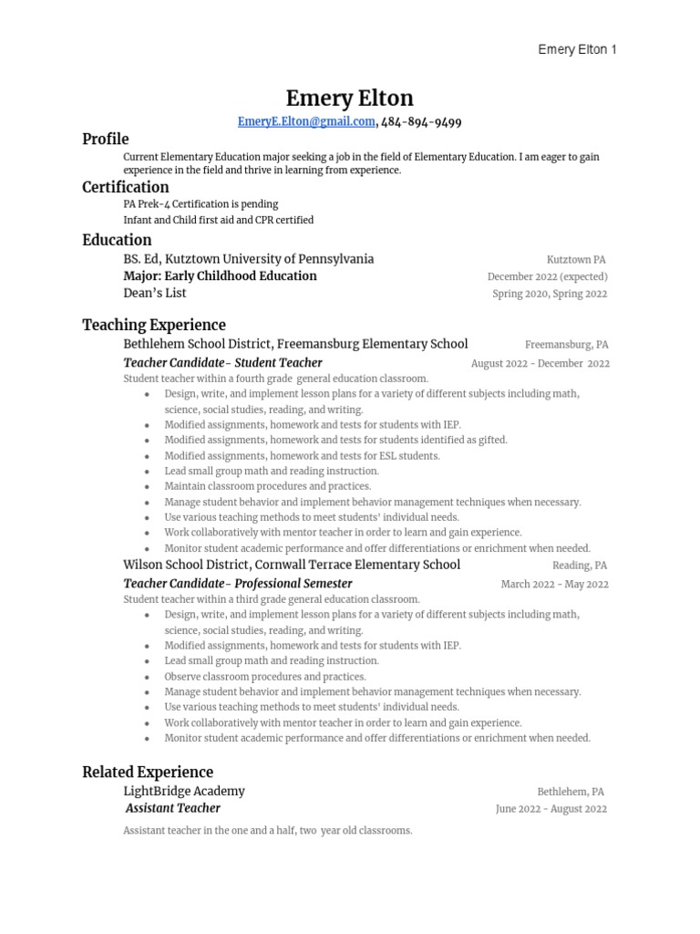 Elementary Education Job Seeker Resume | PDF | Teachers | Lesson Plan