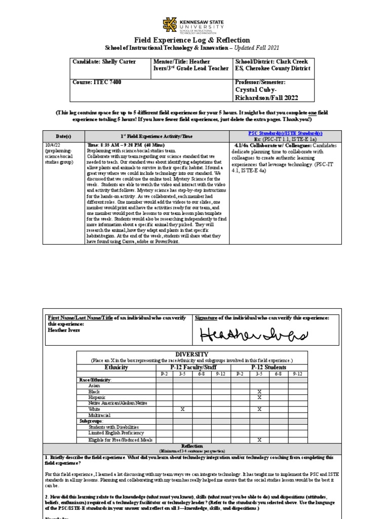 Shelly Carter Field Experience Log - Creating Class Itec 7400 | PDF | Teachers | Learning