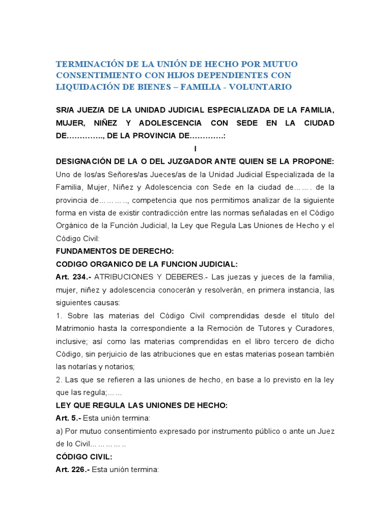 Terminación de La Unión de Hecho Por Mutuo Consentimiento Con Hijos ...
