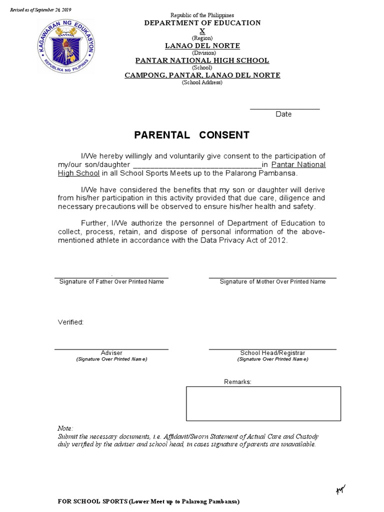 Parental consent for student athlete participation | PDF