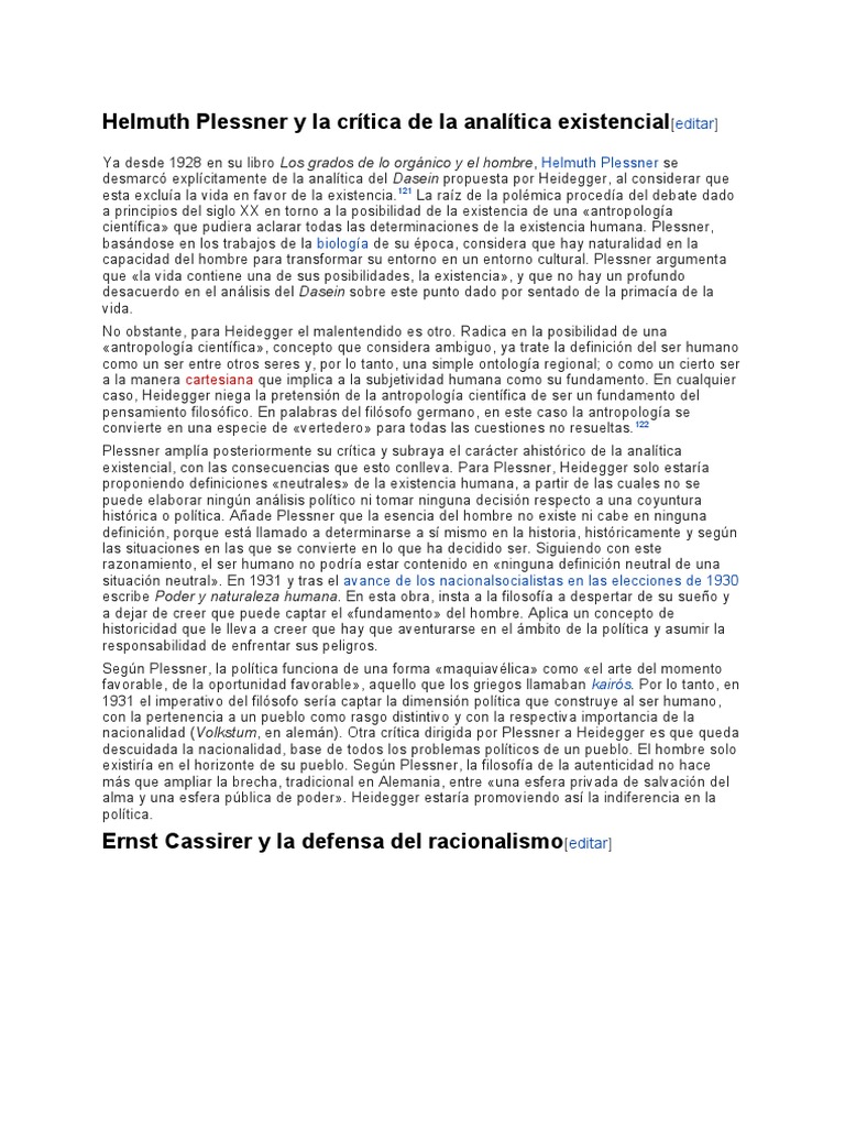 Helmuth Plessner y La Crítica de La Analítica Existencial (Editar ...