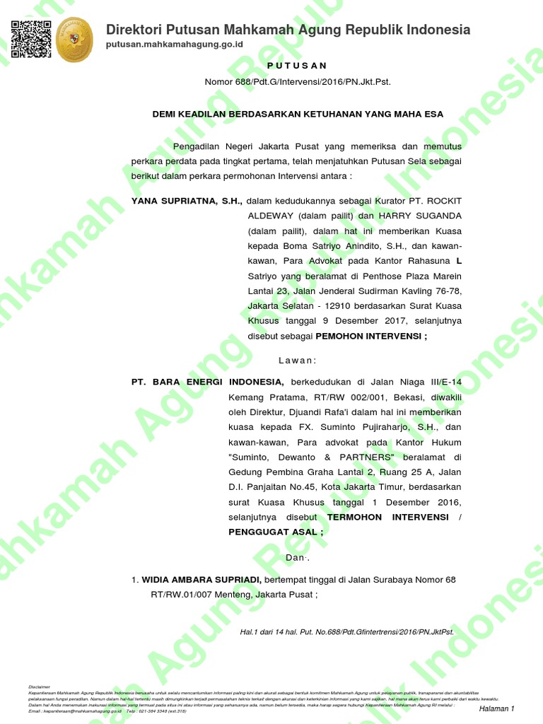 Putusan Intervensi Perkara Pailit 688/Pdt.G | PDF