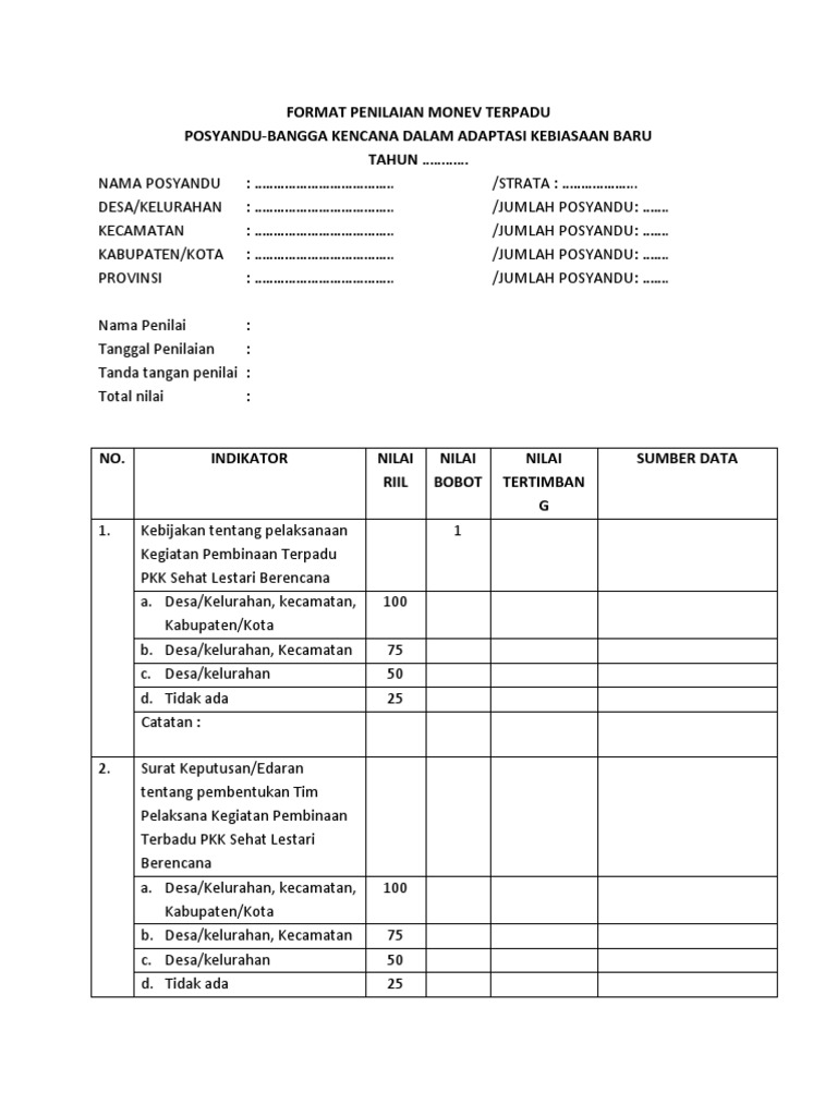 Format Penilaian Monev Terpadu | PDF