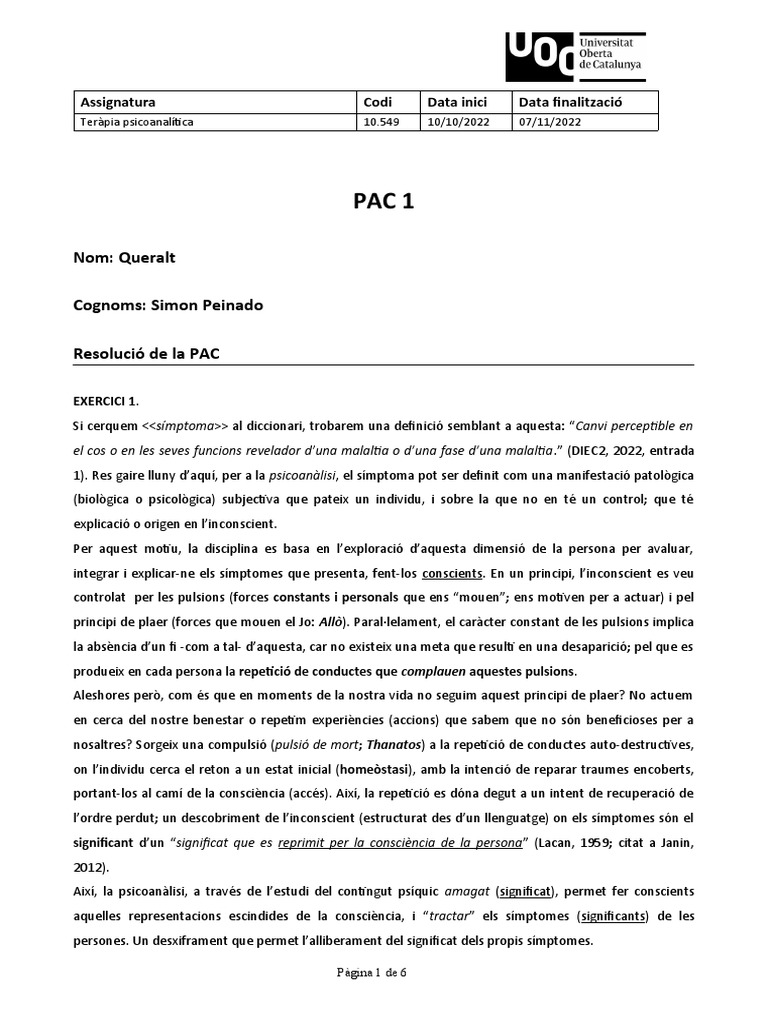 Pac 1. Ter - Psicoanalítica | PDF