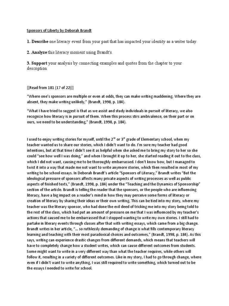 Sponsors of Literacy by Deborah Brandt | PDF | Literacy | Cognitive Science