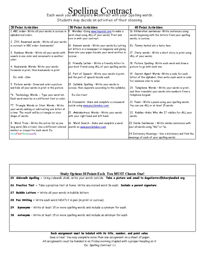 Weekly Spelling Contract Activities | PDF | Linguistics | Human ...